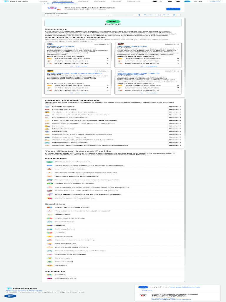 Career Cluster Finder - Results Naviance Student | PDF