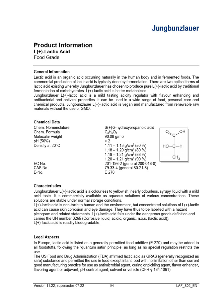 Jungbunzlauer Food Grade L(+)-Lactic Acid | PDF | Lactic Acid ...