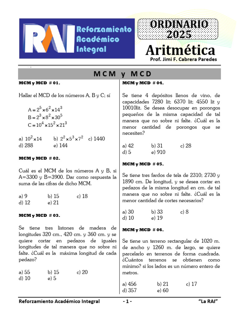 ORD-005 MCM Y MCD | PDF | Teoría de los números | Multiplicación