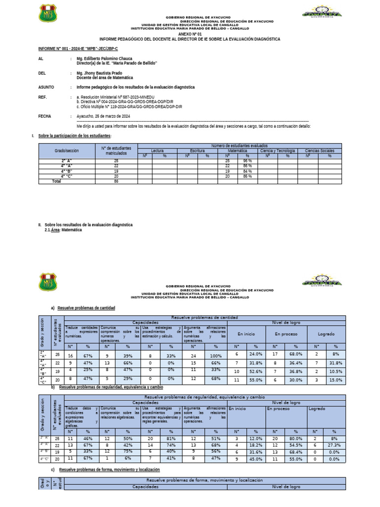 Modelo de Informe Evaluacion Diagnostica 2024 | PDF | Plan de estudios ...