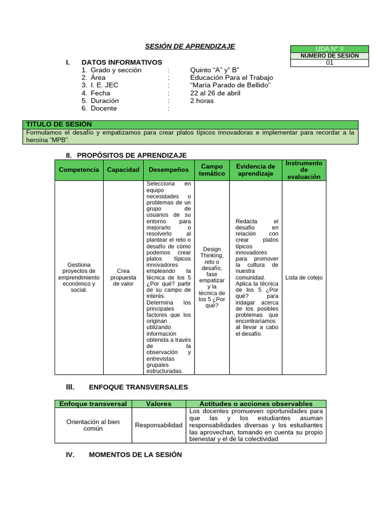 2024 5to EPT SESIÓN DE APRENDIZAJE UDA II SESIÓN 1 PBV | PDF | Maestros | Modificación de ...