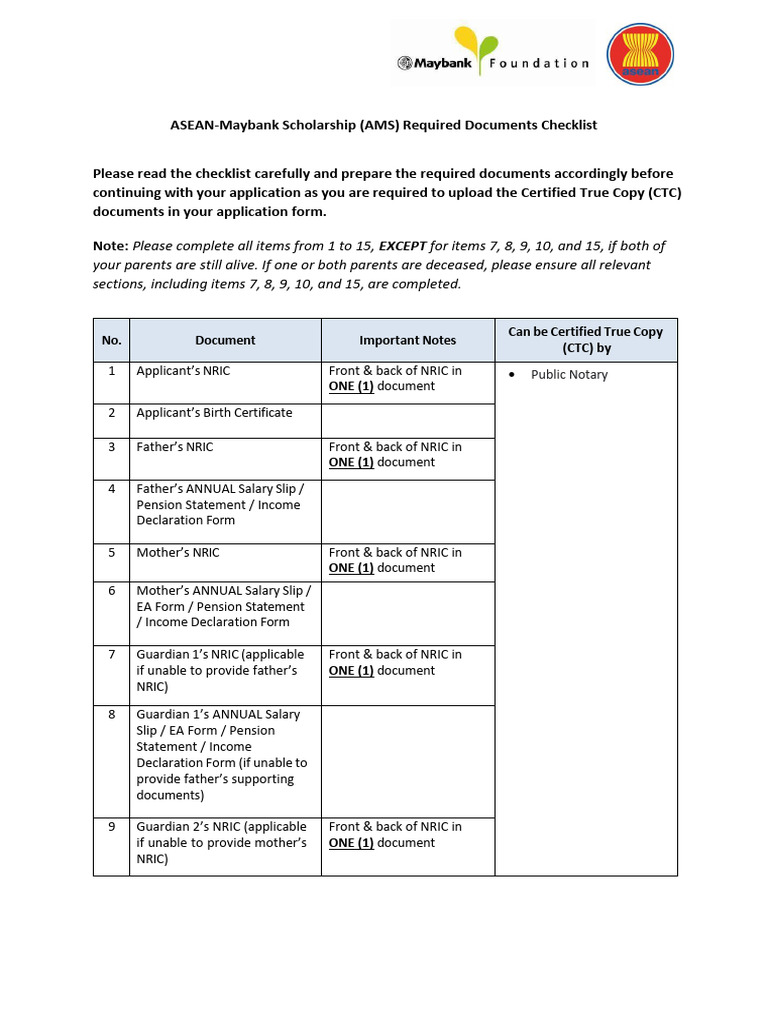 2025 ASEAN-Maybank Scholarship - Required Documents Checklist | PDF