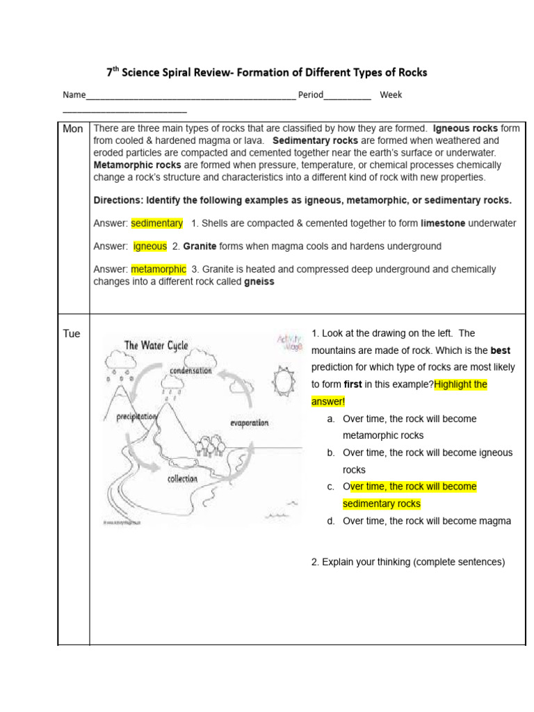 Rhaelyn Murray - REG WK 10 Spiral Review Rocks Bellringer | PDF | Rock ...