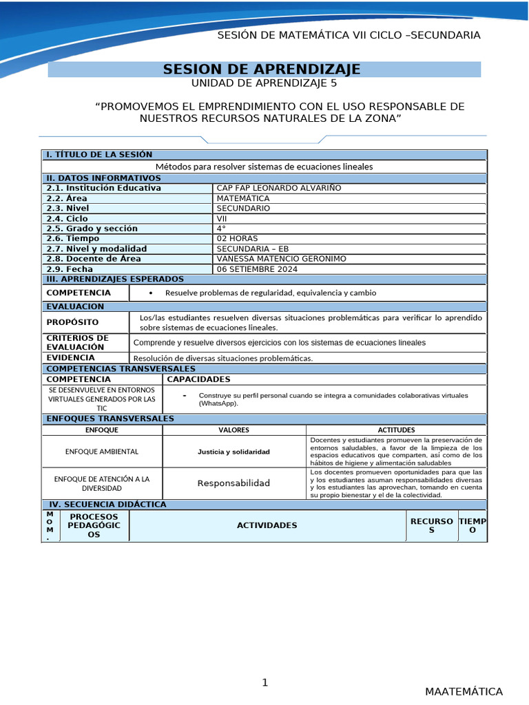 Sesion 15 U5 3ro Ciclo Matemática | PDF | Ecuaciones | Aprendizaje