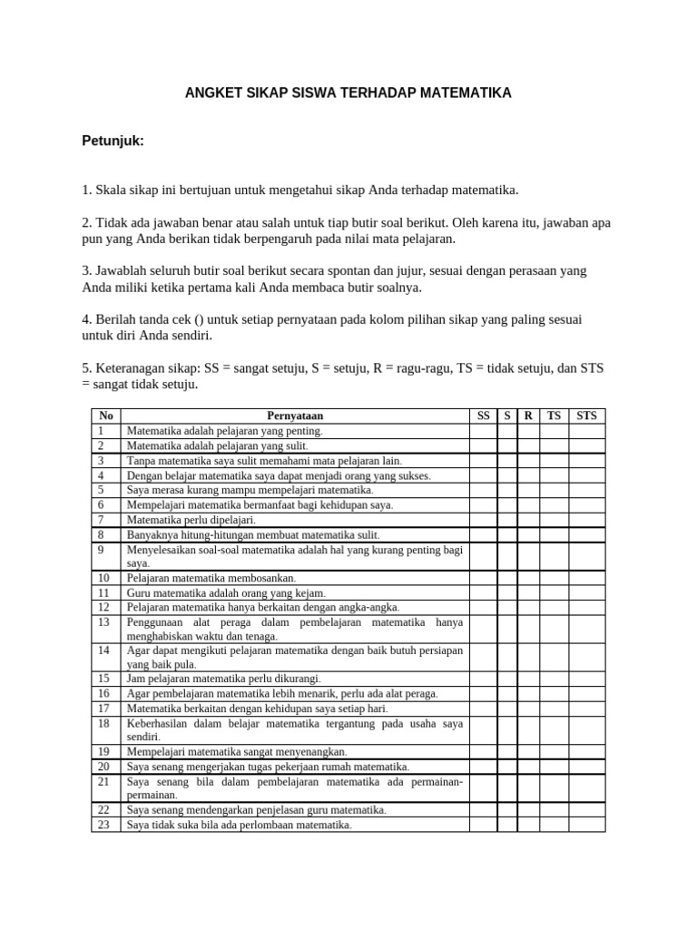 Angket Sikap Terhadap Matematika | PDF
