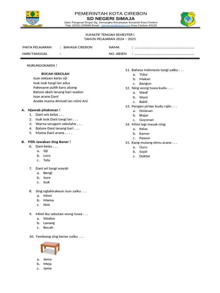 Contoh Soal Kumer Bahasa Daerah Cirebon | PDF