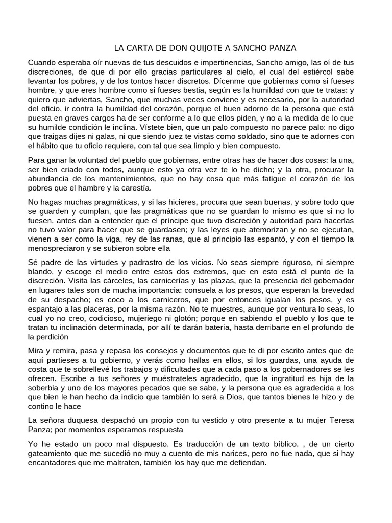 Carta de Don Quijote a Sancho Panza | PDF