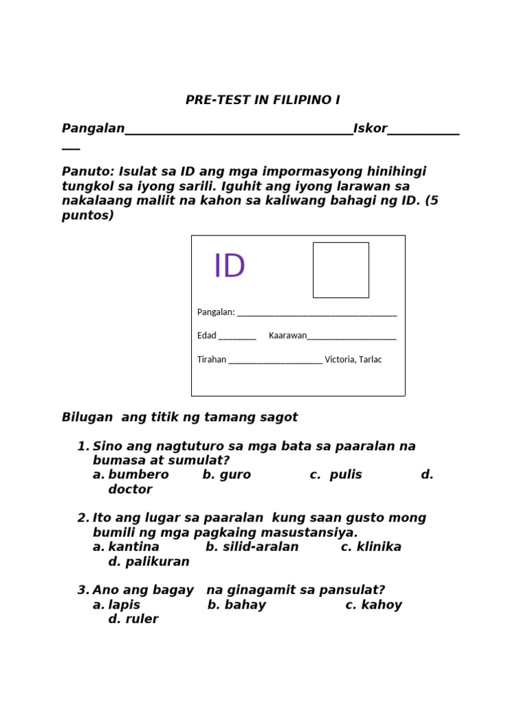 Pre-Test - Filipino 1 | PDF