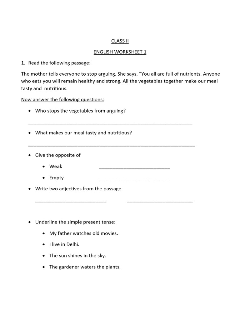 CBSE Class 2 English Practice Worksheet | PDF