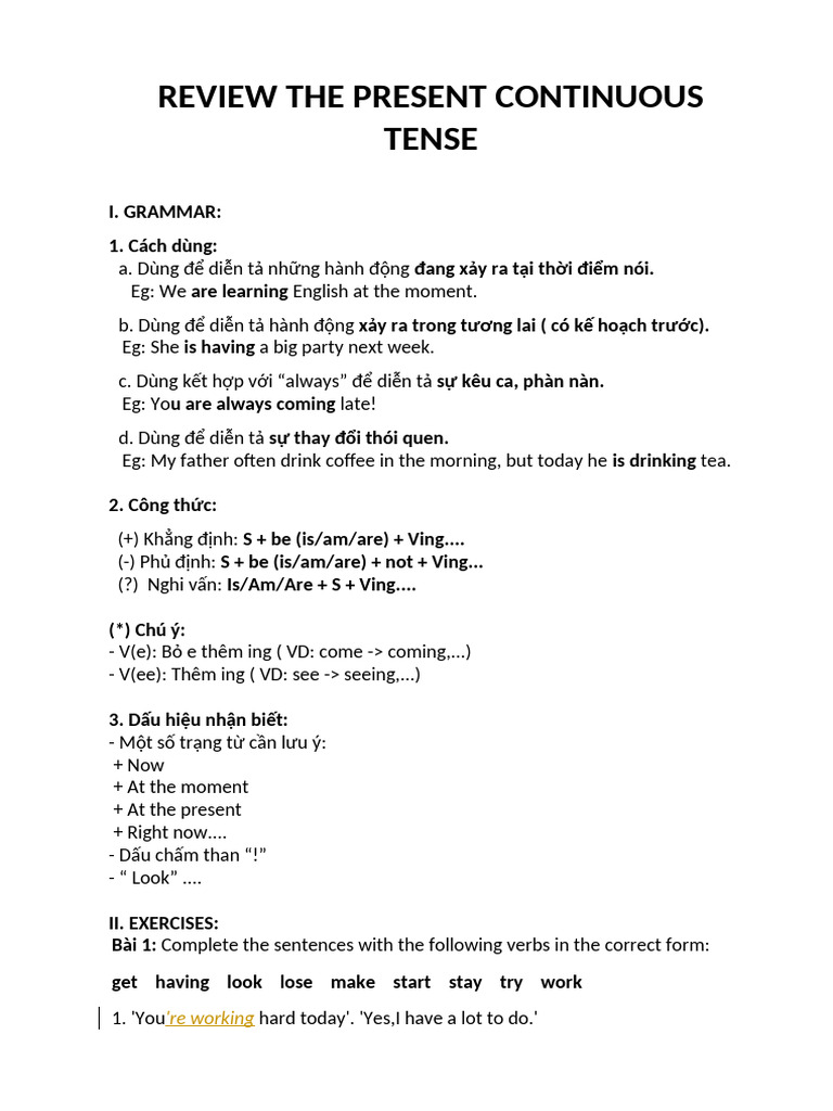 REVIEW THE PRESENT CONTINUOUS TENSE-hs | PDF