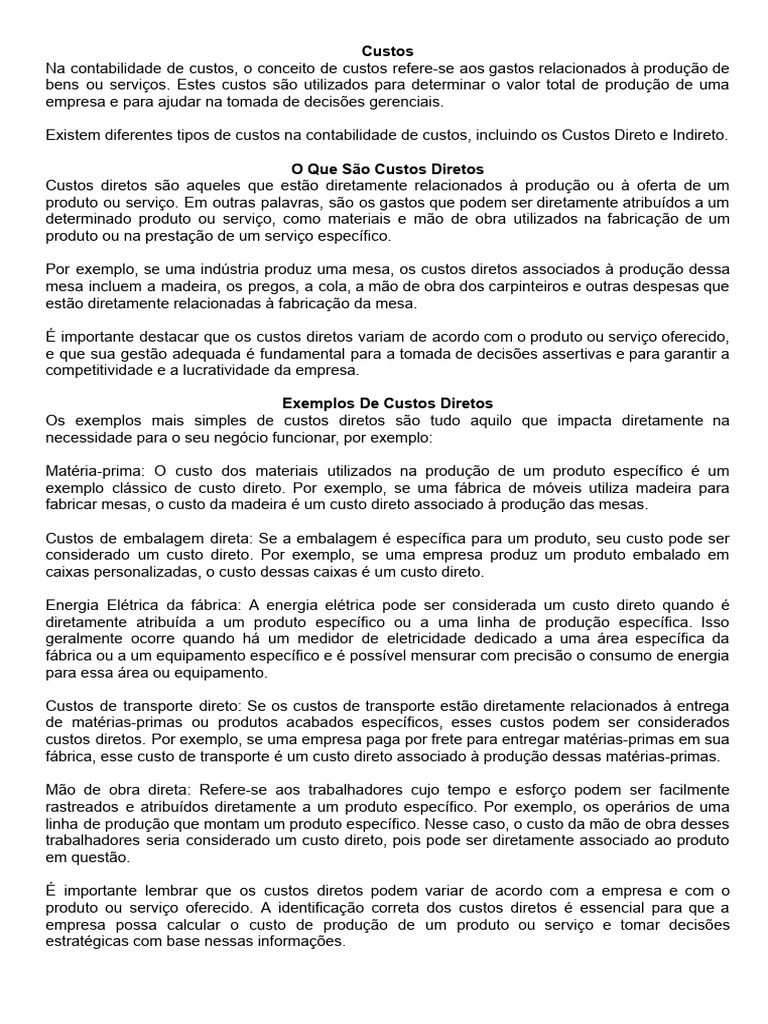 Custo Dieto e Indireto - Aluno.doc | PDF | Custo | Depreciação