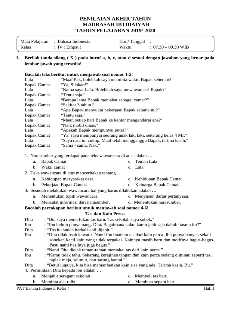 SOAL B INDO KELAS 4 SEM 2 | PDF