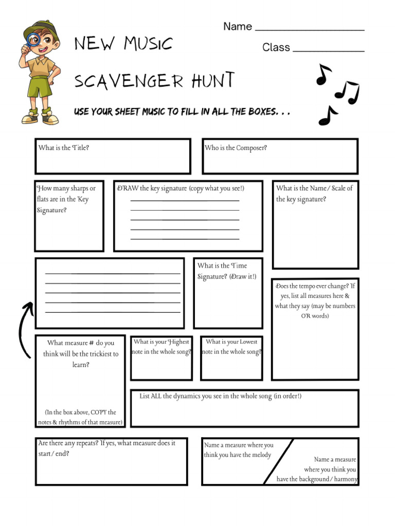 NewMusicScavengerHuntSightreadingWorksheetBandOrchestraChoir 1 | PDF
