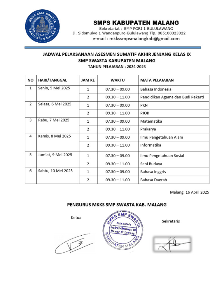 Jadwal Asesmen Sumatif KLS 9 MKKS SMPS TH.2024-2025 | PDF