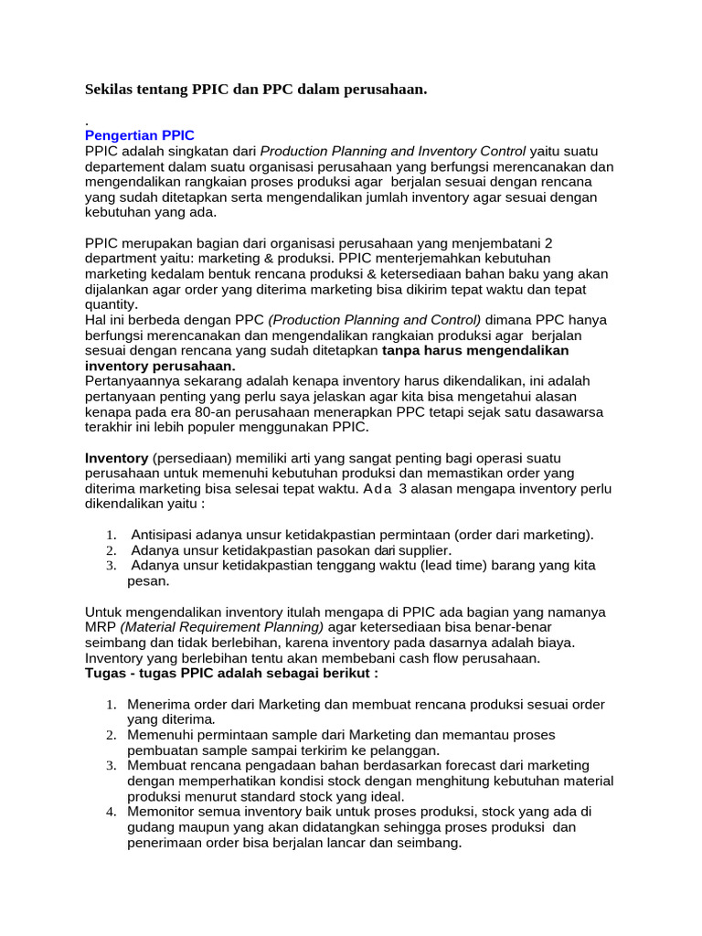 Sekilas Tentang PPIC Dan PPC Dalam Perusahaan | PDF