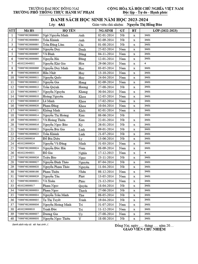 Danh Sách H Csinhn MH C 2023-2024: TR NG IH C NG Nai | PDF