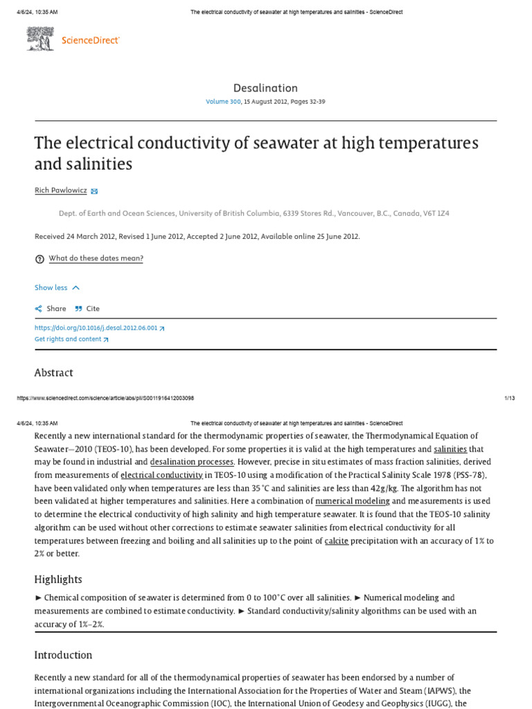 Seawater Conductivity at High Salinities | PDF | Salinity | Applied And ...