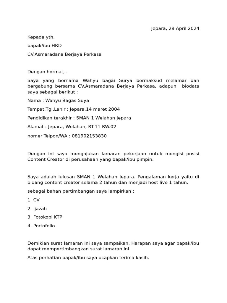 Surat Lamaran Bagas | PDF