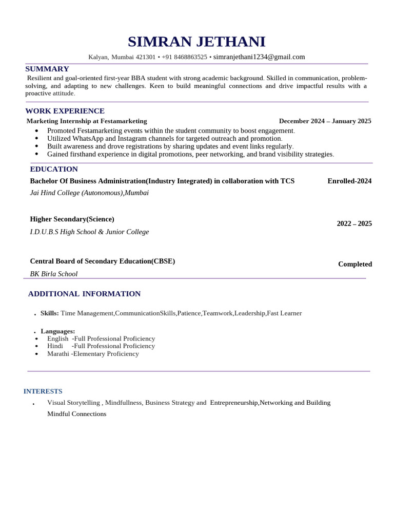 Simran Jethani Resume Very Imp | PDF