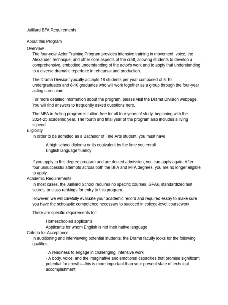 Juilliard BFA Requirements | PDF | Learning