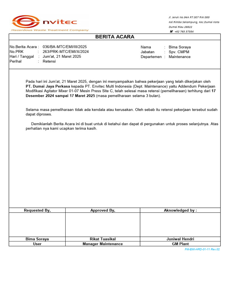 BA Retensi Modif Agitator | PDF