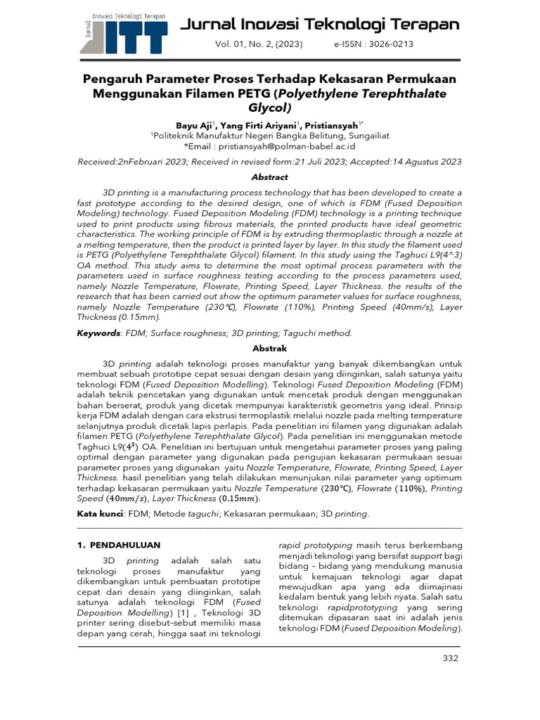 Pengaruh Parameter Proses Terhadap Kekasaran Permukaan Menggunakan Filamen PETG (Polyethylene ...