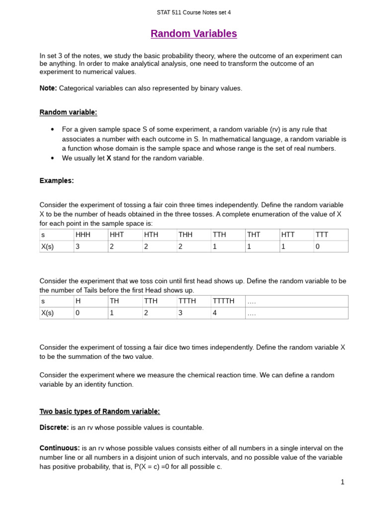 Notes-04-Random Variables | PDF | Probability Distribution | Variance