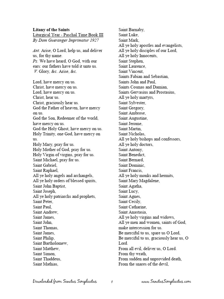 The Litany of Saints Here - Sanctus Simplicitus | PDF | Mercy | Saint