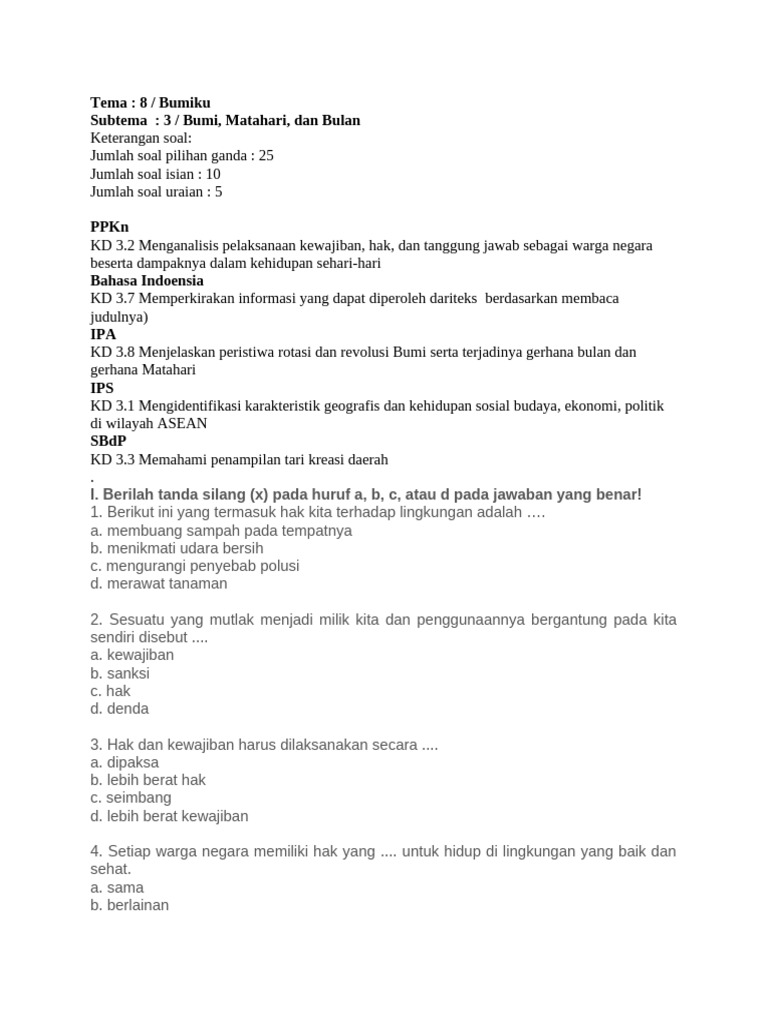 SOAL UH TEMA 8 SUBTEMA 3 | PDF