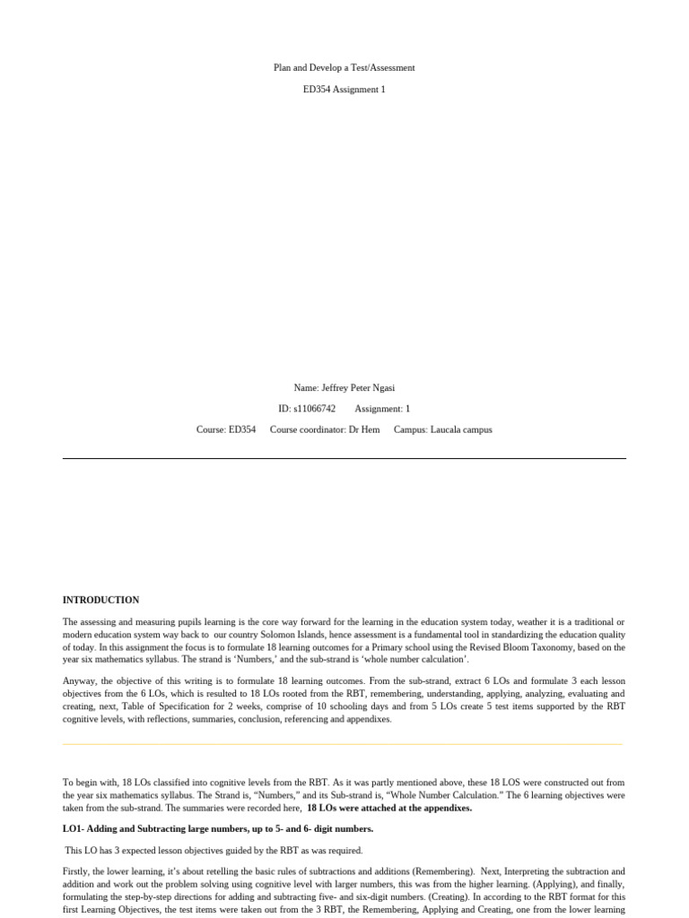 s11066742_ed354 Asignment 1 (1) | PDF | Multiple Choice | Learning