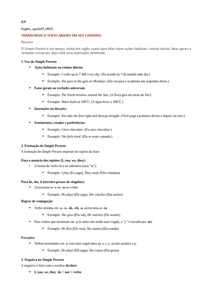 Resumo Present Simple, 1M 2025 | PDF | Assunto (gramática) | Sintaxe