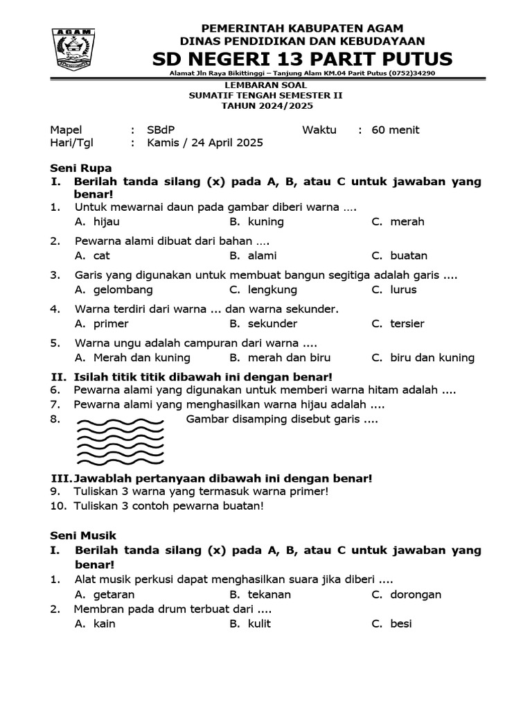 Soal Sts 2 Kelas 3 TP 2024-2025 SBDP | PDF