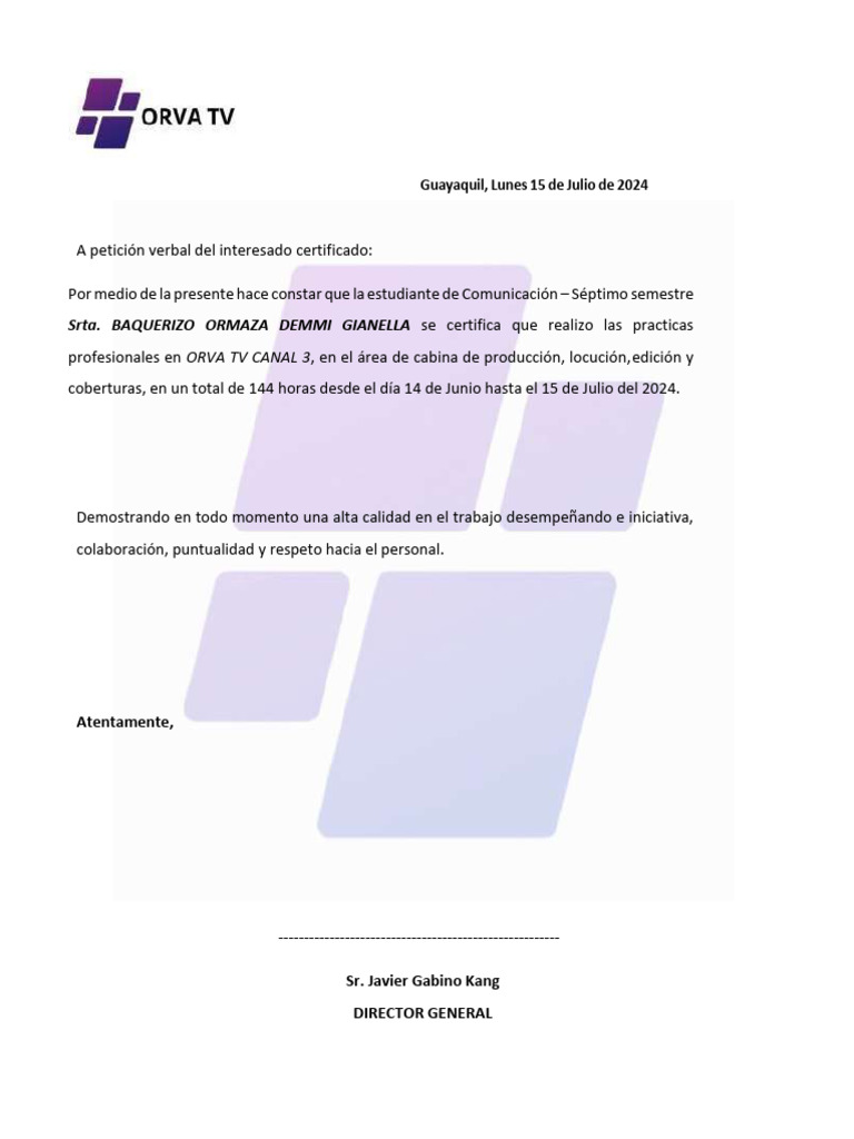 Certificación de Prácticas en ORVA TV | PDF