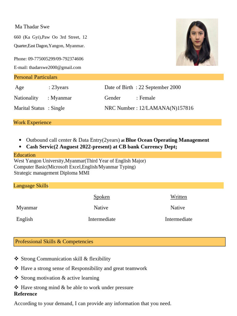 Myanmar CV of Ma Thadar Swe | PDF