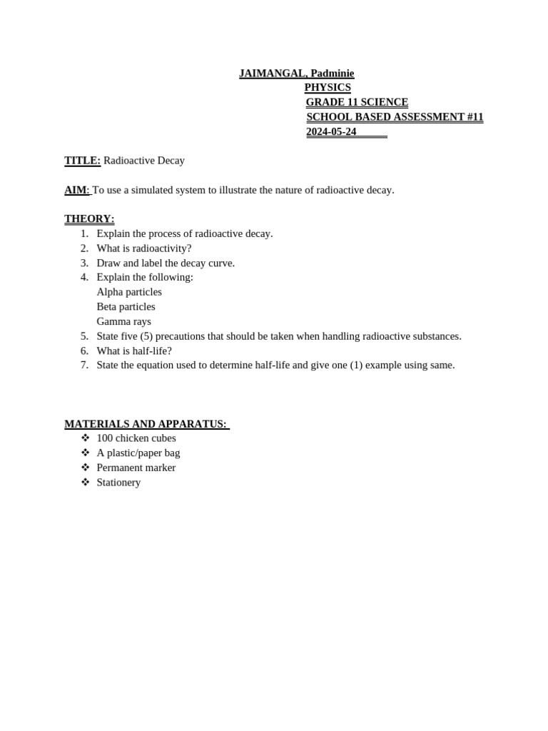 Phys Sba 11 - Radioactive Decay | PDF | Radioactive Decay | Atoms