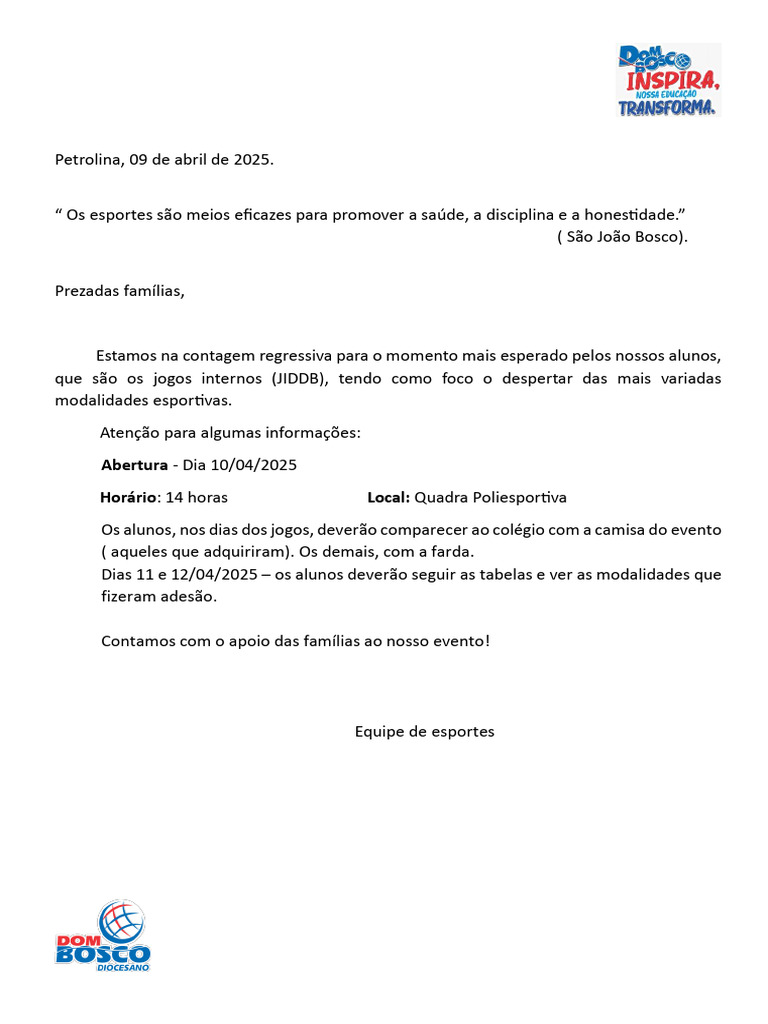 Jogos Internos CDDB - 2025 | PDF