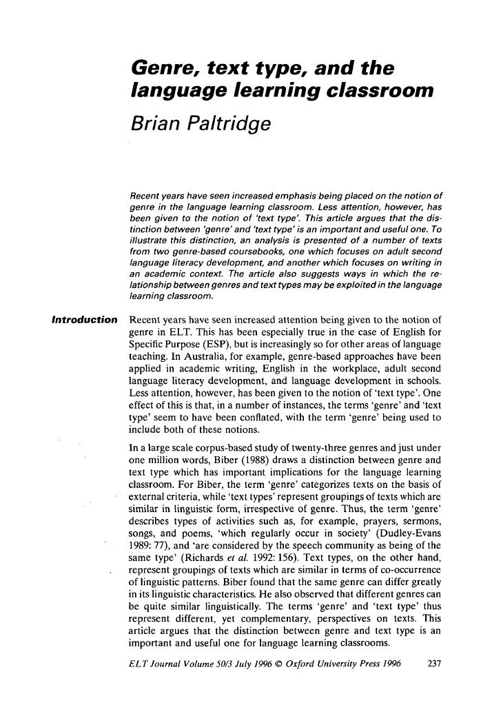 Genre, Text Type, and The Language Learning Classroom: Brian Paltridge ...