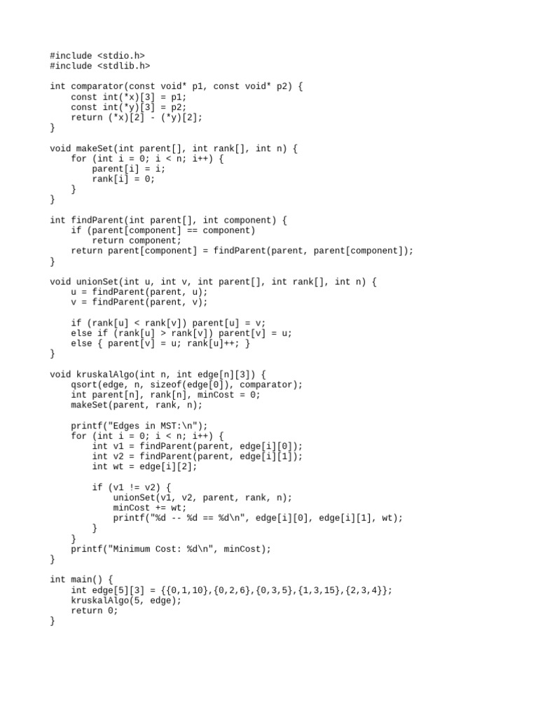 Implementing Kruskal's Algorithm in C | PDF