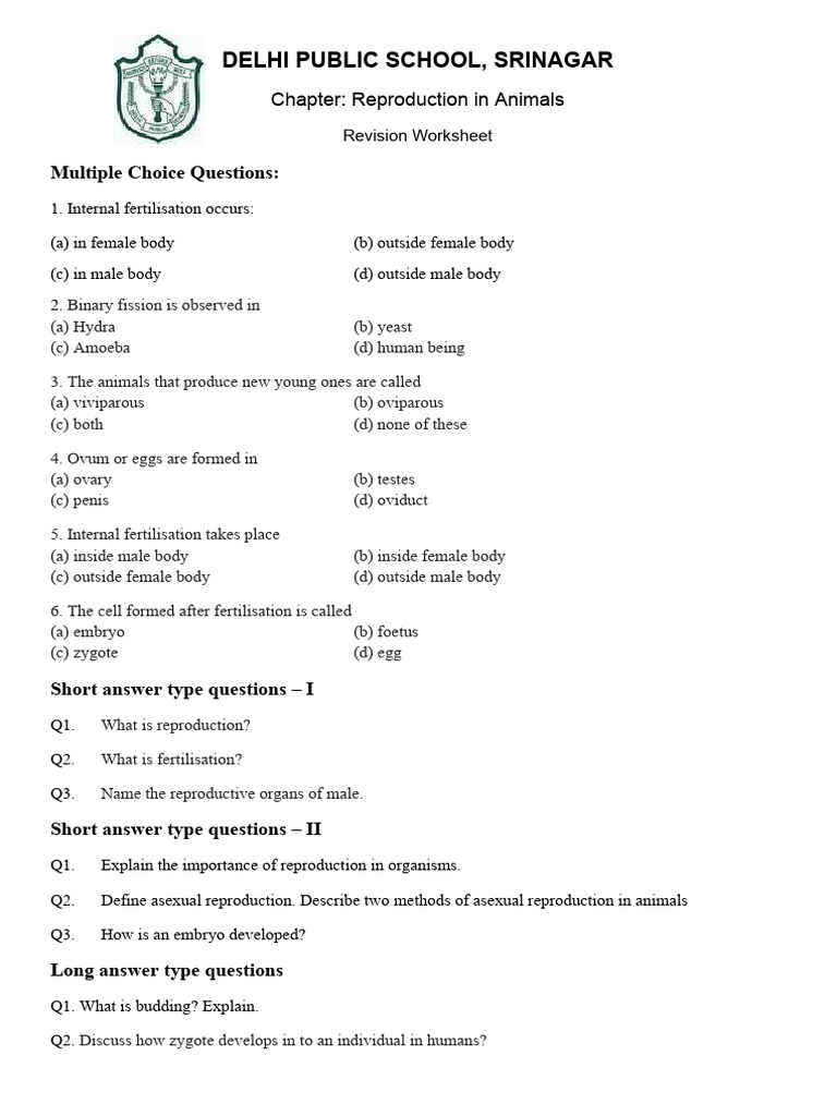 Animal Reproduction Revision Worksheet | PDF