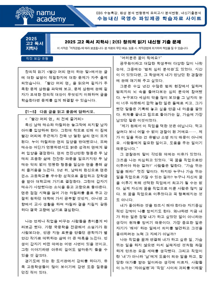 2025 고2 독서 지학사 25 창의적 읽기빨간 머리 앤이 하는 말 내신형 서술형 기출 문 - 241123 - 144541 | PDF