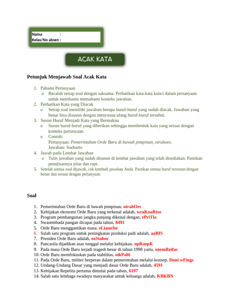 Soal Acak Kata Pembangunan Indonesia Pada Masa Orde Barfu | PDF