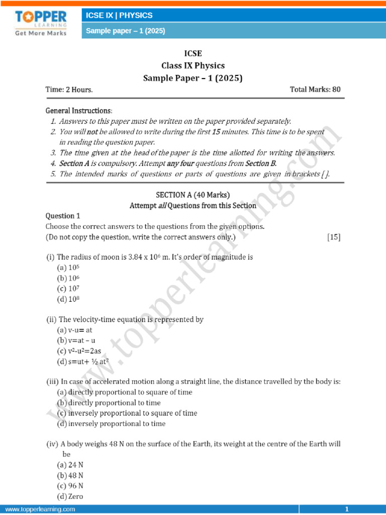 Sample Papers For ICSE Class 9 Physics 2025 #1 Physics ICSE Class 9 ...