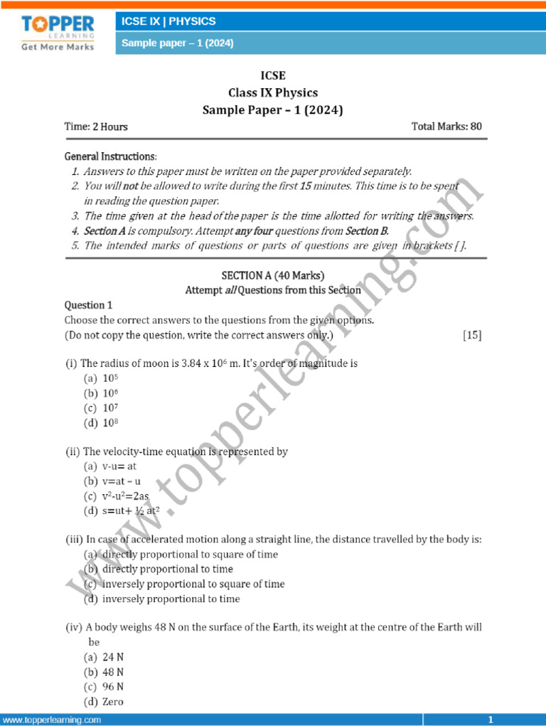 Sample Papers For ICSE Class 9 Physics 2024 #1 Physics ICSE Class 9 Sample Paper ...