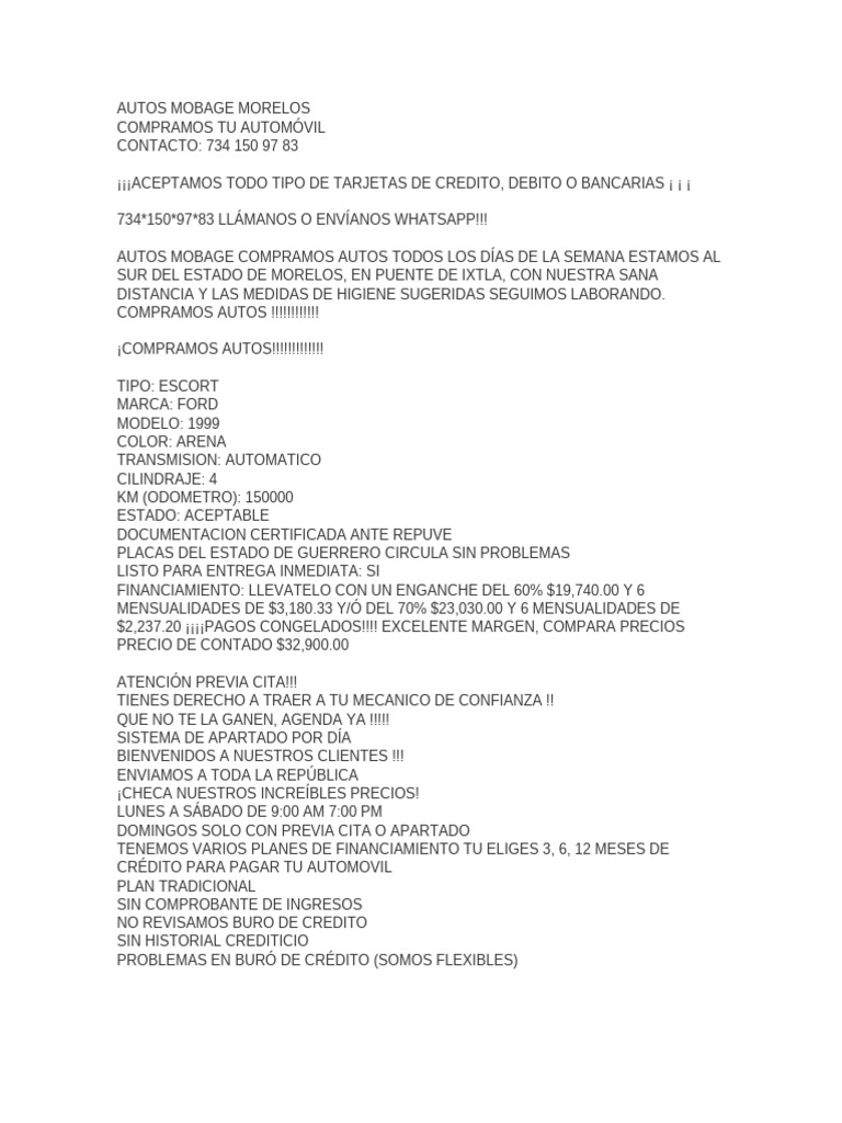 Descripcion Morelos Escort 1999 Arena $32,900.00 | PDF