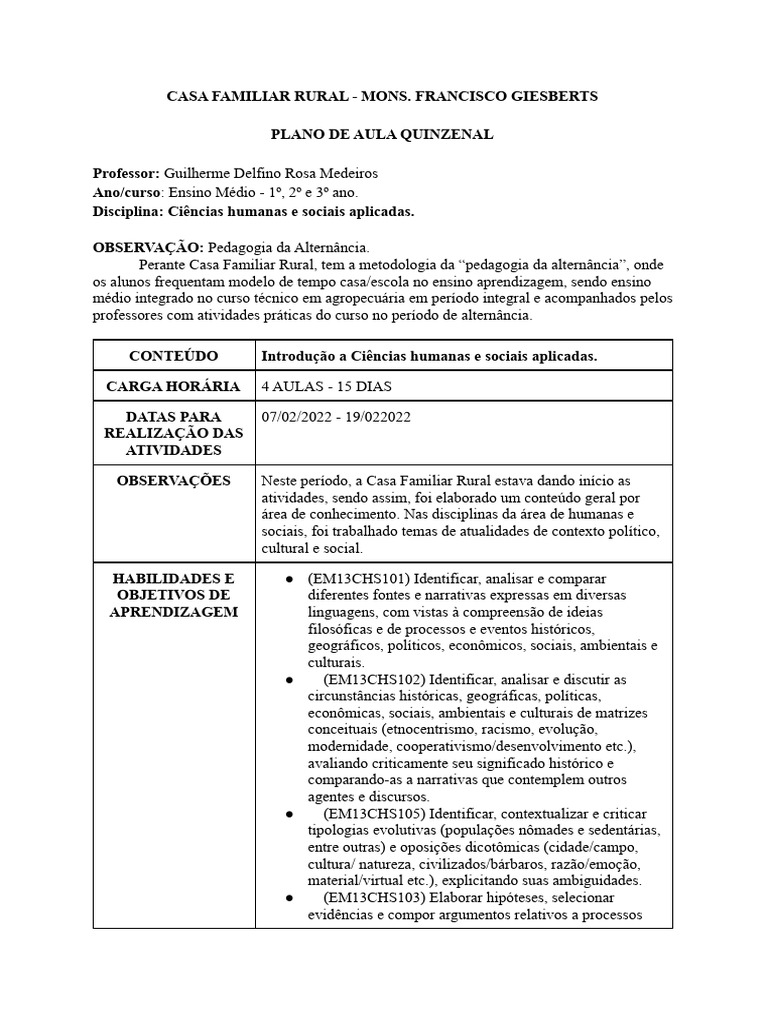 Modelo Plano Quinzenal CFR - 2022 | PDF | Pedagogia | Sociologia