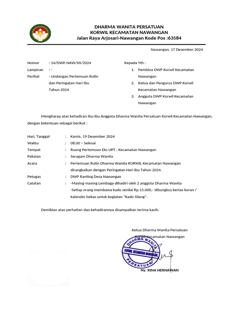 Surat Undangan Pertemuan DWP Desember 2024 | PDF