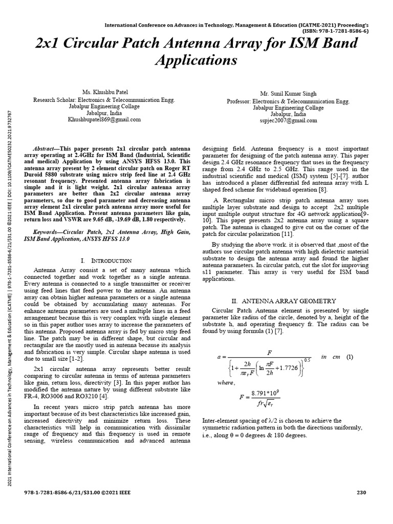 21 Circular Patch Antenna Array For ISM Band Applications | PDF ...
