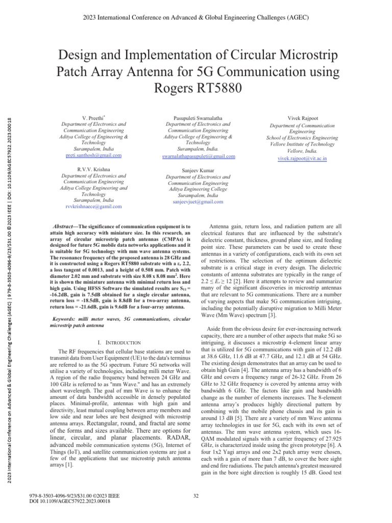 Design and Implementation of Circular Microstrip Patch Array Antenna For 5G Communication Using ...