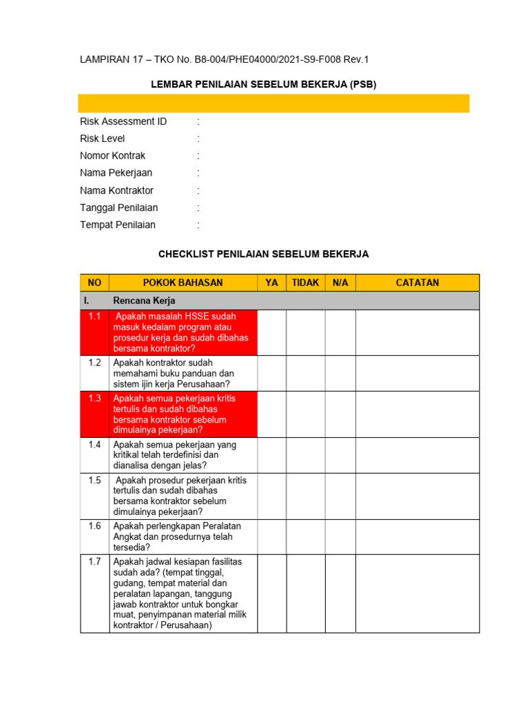 Lembar Penilaian Sebelum Bekerja (PSB) | PDF