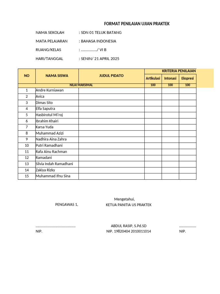 Format Penilaian Us Praktek Bi | PDF